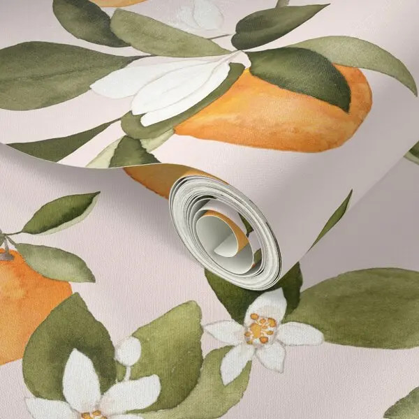 Spoonflower Large Orange Blossoms Blush Traditional Wallpaper - Pink,orange,green