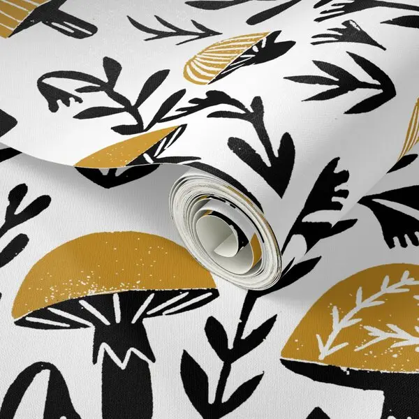 Spoonflower Mushrooms Woodland Nature Folk Block Cute Baby Custom Pre-pasted Wallpaper - Gold,black,gray