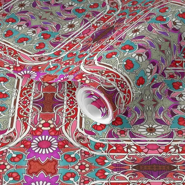 Spoonflower Bright Paisley Art Nouveau Daisies Boxes Traditional Wallpaper - Pink,gray,red