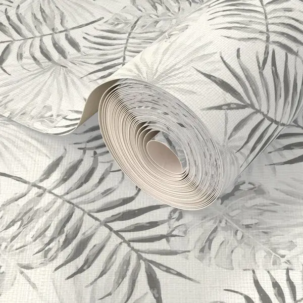 Spoonflower Palms In Silvers 100% Natural Sisal Grasscloth Wallcovering - Silver,gray,white