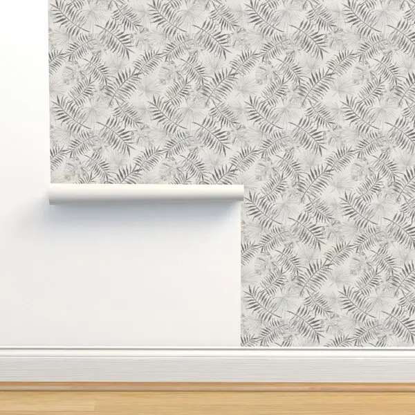 Spoonflower Palms In Silvers 100% Natural Sisal Grasscloth Wallcovering