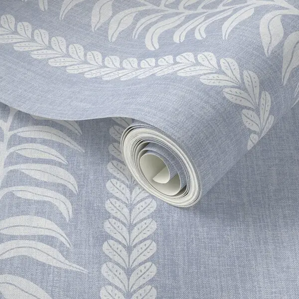 Spoonflower Palm Stripe White Light Blue Romantic Traditional Custom Pre-pasted Wallpaper - Blue,white