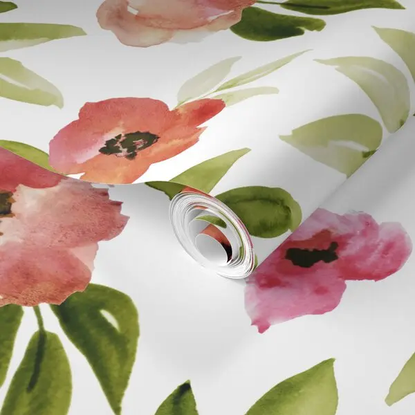 Spoonflower Watercolor Floral Large Pink Flowers Sprigs Custom Removable Wallpaper - Pink,green,gray