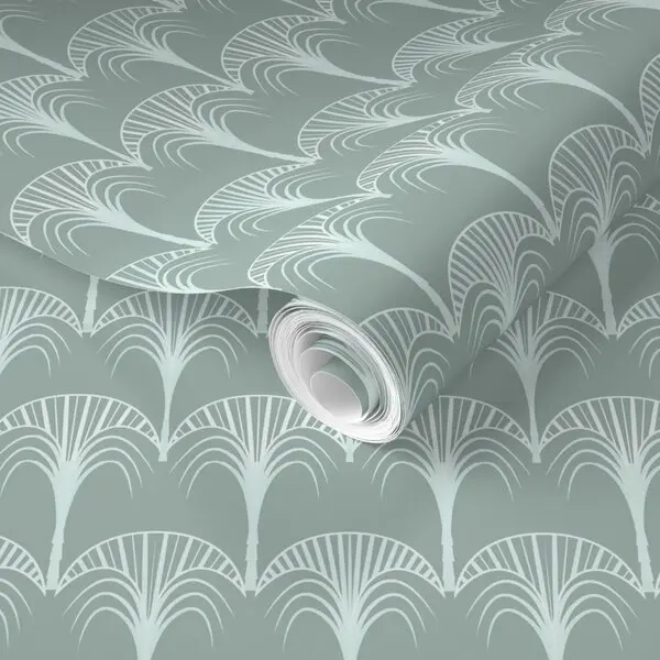 Spoonflower Green Art Deco Palmtree 1920 Gatsby Custom Pre-pasted Wallpaper - Gray,mint,green