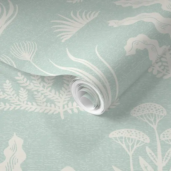 Spoonflower Spaces Green Leaves Floral Nature Turquoise Plants Traditional Wallpaper - Green,white,mint