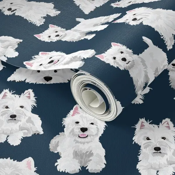 Spoonflower Westies Dog Dogs Westie Terriers West Highland Traditional Wallpaper - Blue,white,gray