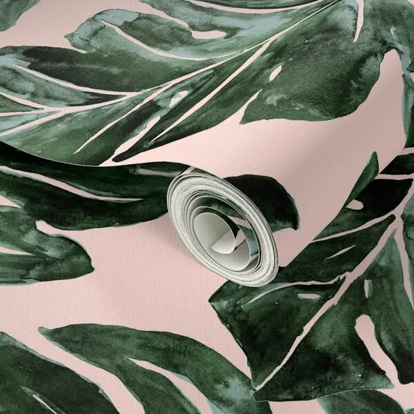 Spoonflower Jungle Monstera Leaves Blush Tropical Deep Green Custom Pre-pasted Wallpaper - Green,pink,gray