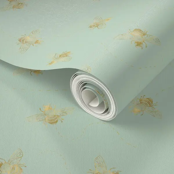 Spoonflower Gold Sage Bees Custom Pre-pasted Wallpaper - Mint,green,sage