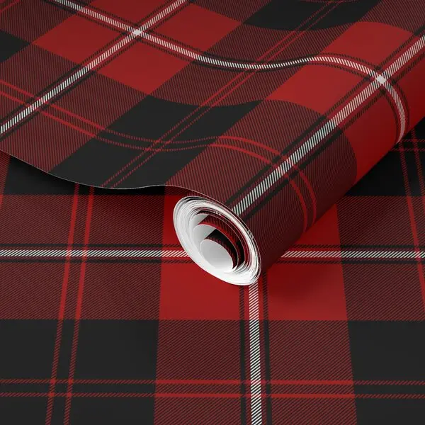 Spoonflower Black Plaid Red Tartan Scottish Cunningham Custom Removable Wallpaper - Brown,red,gray