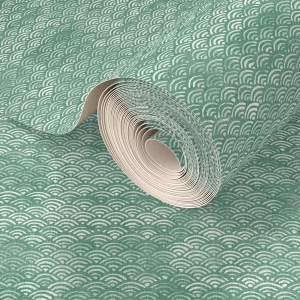 Spoonflower Japanese Ocean Waves In Jade Block Pattern 100% Natural Sisal Grasscloth Wallcovering - Green