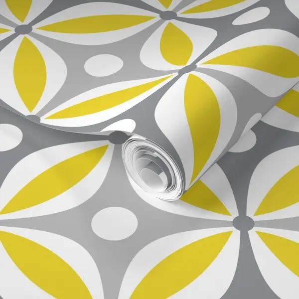 Spoonflower Mod Lemons Mid Century Modern Lemon Yellow Classic Custom Pre-pasted Wallpaper - Gray,yellow