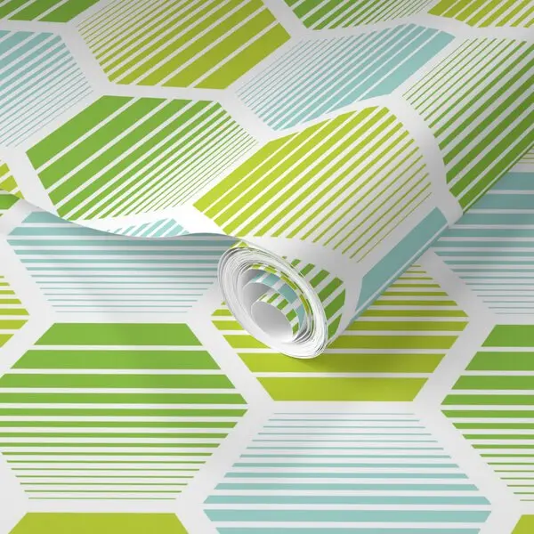 Spoonflower Vintage Green Blue Modern Geometric Aqua Spring Custom Pre-pasted Wallpaper - Green,teal,blue