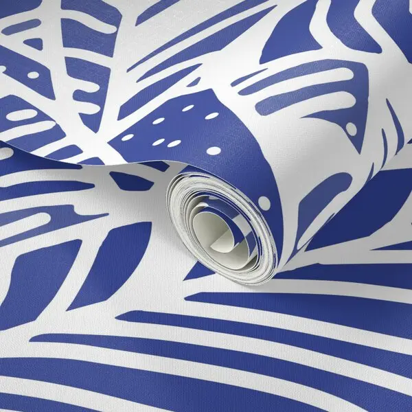 Spoonflower Indigo White Leaves Large Abstract Style Tropical Custom Removable Wallpaper - Blue,white