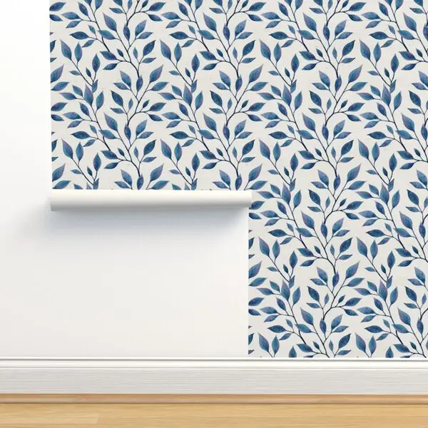 Spoonflower Magic Leaves Pattern 100% Natural Sisal Grasscloth Wallcovering - Blue,white,gray
