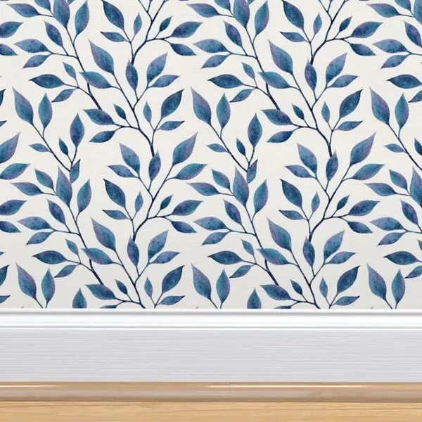 Spoonflower Magic Leaves Pattern 100% Natural Sisal Grasscloth Wallcovering - Blue,white,gray