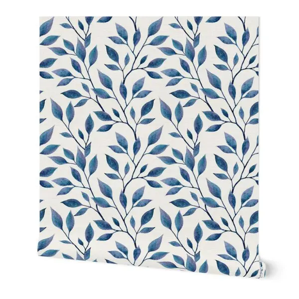 Spoonflower Magic Leaves Pattern 100% Natural Sisal Grasscloth Wallcovering - Blue,white,gray