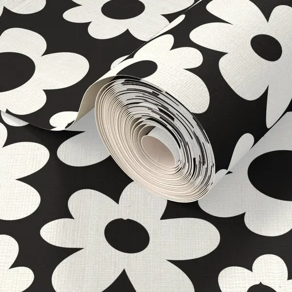 Spoonflower Jumbo Black And White Boho Retro Floral Florals 100% Natural Sisal Grasscloth Wallcovering - Black,white