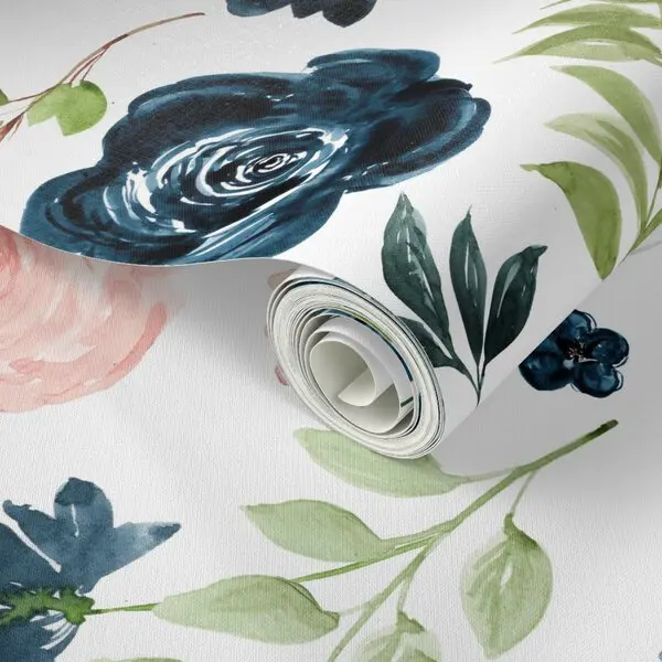 Spoonflower Pink Blue Flowers Floral Nature Navy Custom Removable Wallpaper - Green,blue,gray