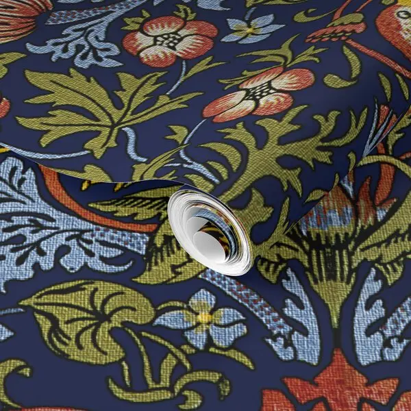 Spoonflower Strawberry Bright Blue Floral Victorian Damask Traditional Wallpaper - Blue,brown