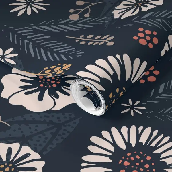 Spoonflower Create Room Navy Floral Custom Pre-pasted Wallpaper - Gray,blue