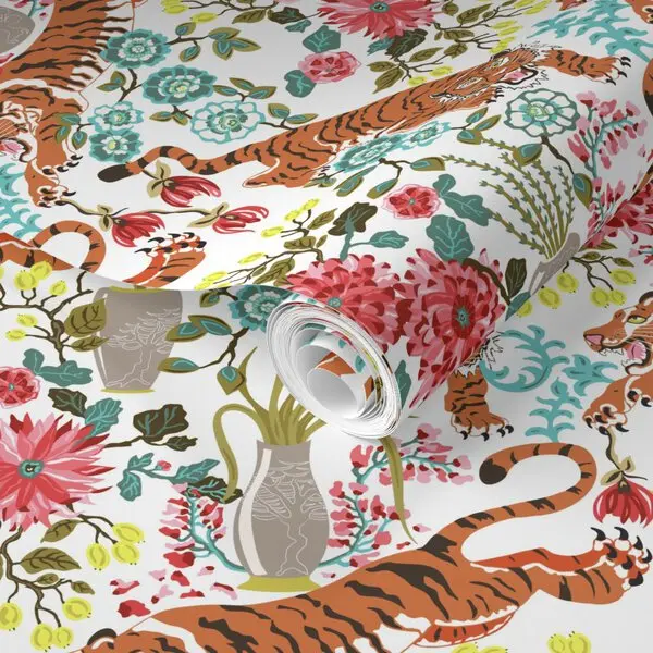 Spoonflower Garden Tiger Japanese Exotic Tigers Custom Removable Wallpaper - Gray,green