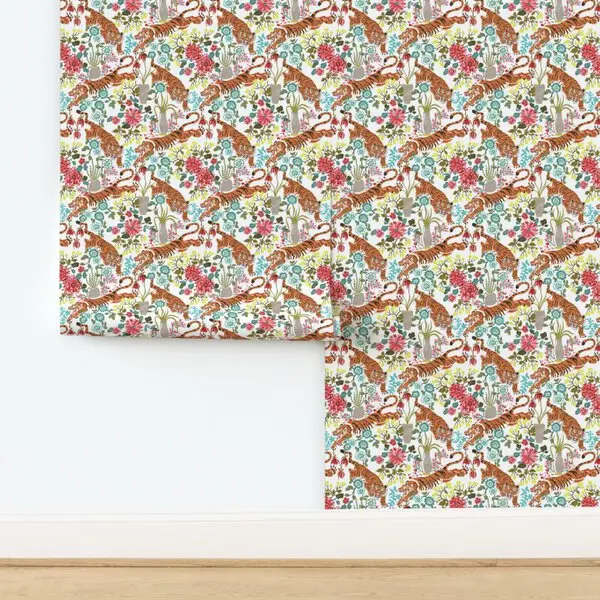 Spoonflower Garden Tiger Japanese Exotic Tigers Traditional Wallpaper - Gray,green