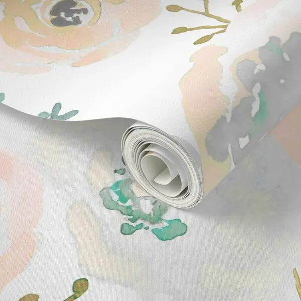 Spoonflower Bloom Gray Florals Peach Floral Blossom Blush Pink Custom Pre-pasted Wallpaper - Pink,gray,brown