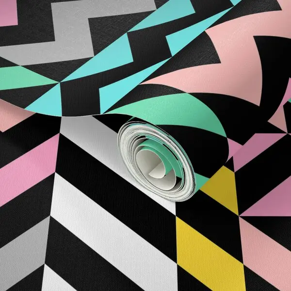Spoonflower Bold Arrow Chevron Memphis New Wave Custom Removable Wallpaper - Pink,black,teal