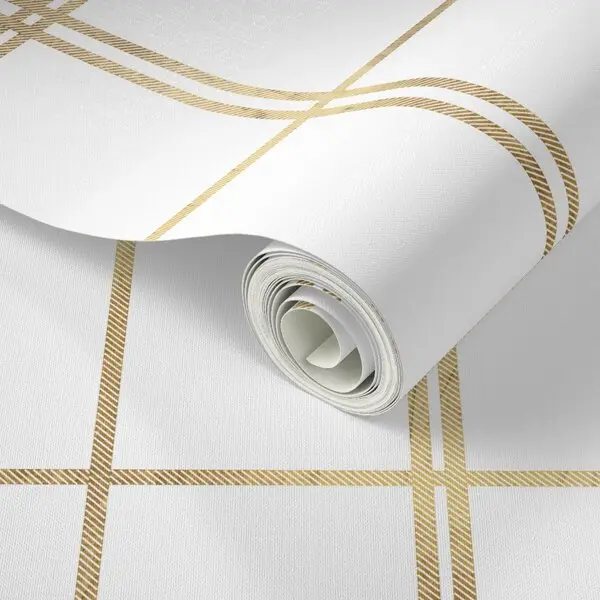 Spoonflower Mustard Gold White Tartan Plaid Holiday Christmas Custom Pre-pasted Wallpaper - Gold,white,brown
