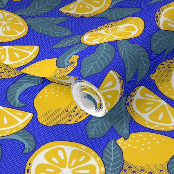 Spoonflower Lemons Pop Art Vintage Blue Yellow Retro Fruit Traditional Wallpaper - Blue,yellow,brown