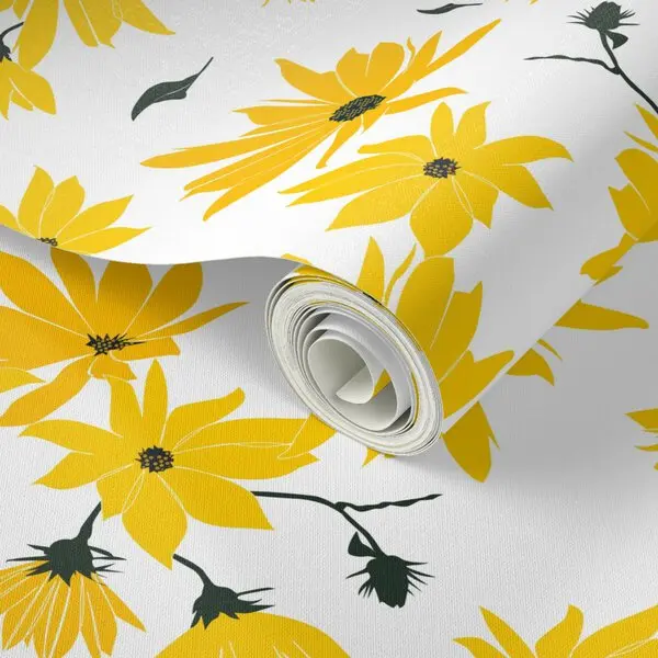 Spoonflower Flower Blossom Topinambour Sunroot Sunchoke Floral Custom Pre-pasted Wallpaper - Yellow,white,green