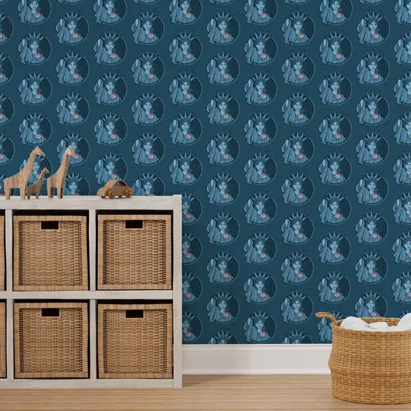 Spoonflower New York Patriotic Usa Vote Election Statue Of Traditional Wallpaper - Blue