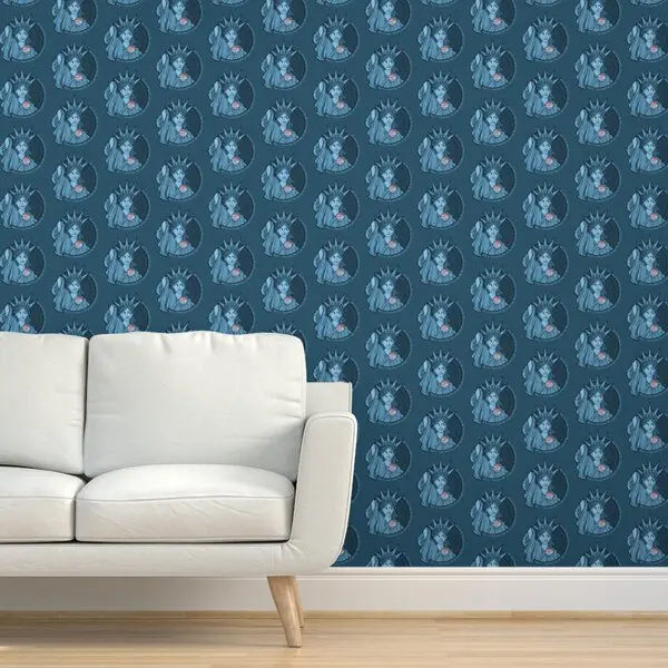Spoonflower New York Patriotic Usa Vote Election Statue Of Traditional Wallpaper - Blue