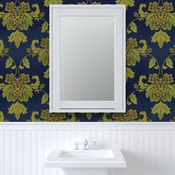 Spoonflower Hops Damask Blue Custom Pre-pasted Wallpaper - Blue,green