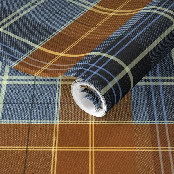 Spoonflower School Plaid Head Class Tartan Preppy Orange Blue Custom Pre-pasted Wallpaper - Brown,blue,beige