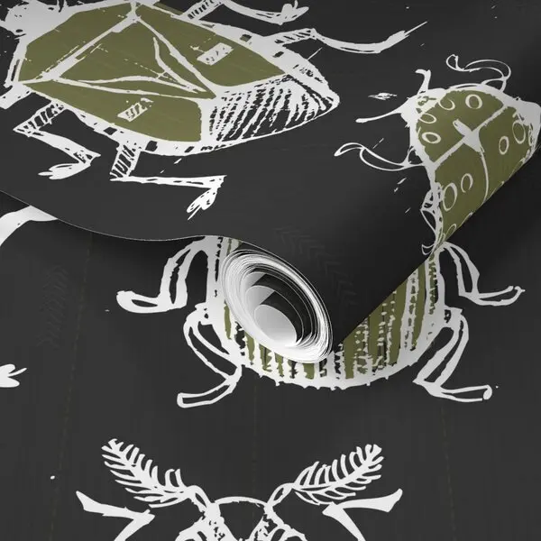 Spoonflower Animal Insect Nature Black Green White Grey Sketch Custom Removable Wallpaper - Gray,black,green