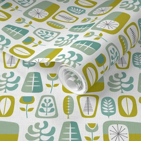 Spoonflower Teal Tropical Kitchen Texture Olive Green Atomic Custom Removable Wallpaper - Green,blue,sage
