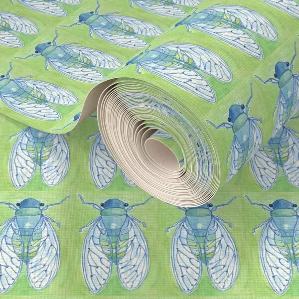 Spoonflower Cicada 100% Natural Sisal Grasscloth Wallcovering - Green,blue,mint