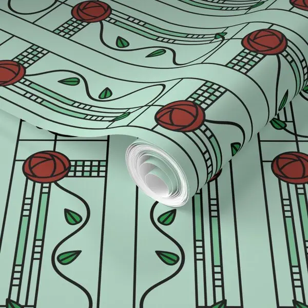 Spoonflower Rose Craftsman Glasgow Charles Rennie Mackinto Custom Removable Wallpaper - Green