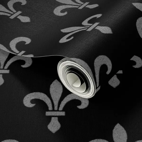 Spoonflower Black Grey Medieval Gothic Silver Fleur De Lis Lys Traditional Wallpaper - Black,white,gray