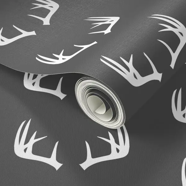 Spoonflower Antlers Charcoal Woodland Collection Gray Deer Custom Pre-pasted Wallpaper - Black,white,gray