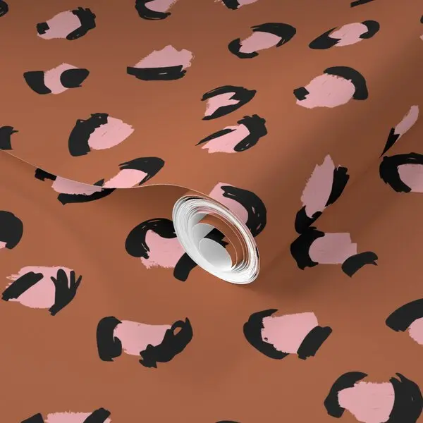 Spoonflower Pink Leopard Spots Copper Black Animal Print Custom Pre-pasted Wallpaper - Brown,pink,black