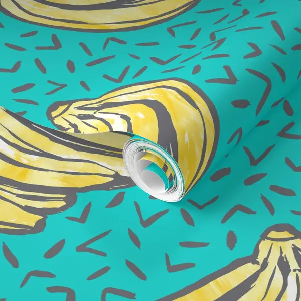 Spoonflower Allover Pattern Turquoise Blue Bananas Memphis Traditional Wallpaper - Beige,green,blue