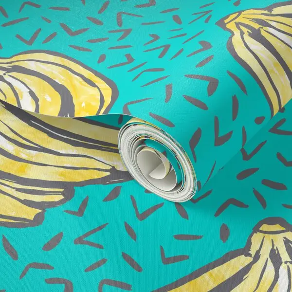 Spoonflower Allover Pattern Turquoise Blue Bananas Memphis Traditional Wallpaper - Beige,green,blue
