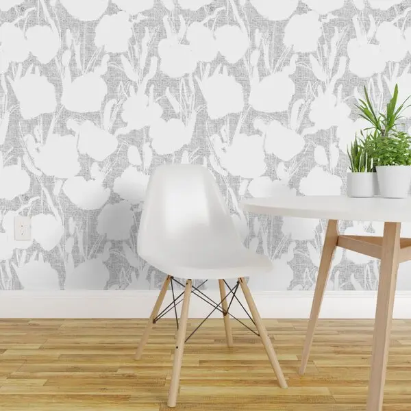 Spoonflower Grey Abstract Light Poppies Neutral Black Custom Pre-pasted Wallpaper
