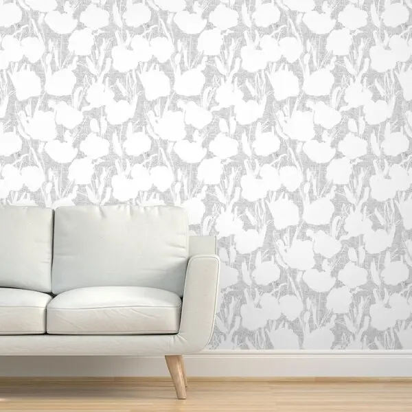 Spoonflower Grey Abstract Light Poppies Neutral Black Custom Pre-pasted Wallpaper