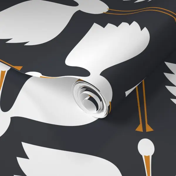 Spoonflower Cranes Flight White Navy Bird Animal Crane Custom Pre-pasted Wallpaper - Blue,white,gray