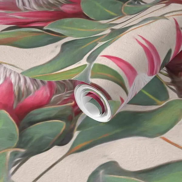 Spoonflower Leaves Floral King Tropical Pastel Painted Proteas Custom Pre-pasted Wallpaper - Brown,pink,green