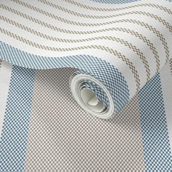Spoonflower Stripe Blue Brown Retro Ticking Monochromatic Custom Pre-pasted Wallpaper - Blue,brown,white