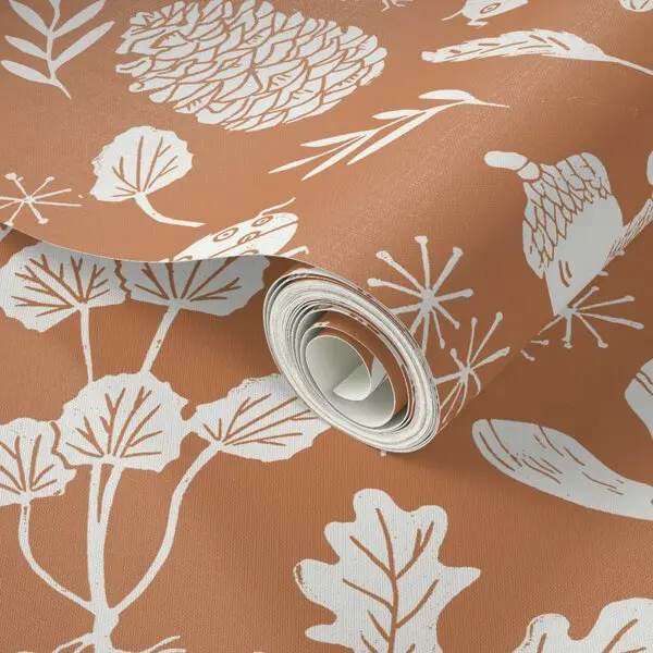 Spoonflower Nature Walk Fall Acorn Leaves Outdoors Forest Custom Pre-pasted Wallpaper - Brown,white,pink